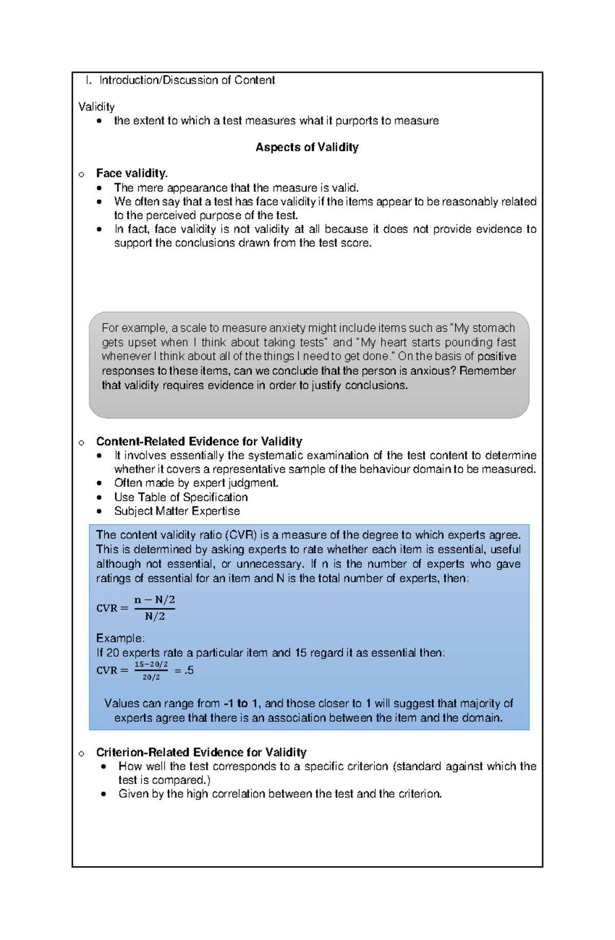 Psychology - Validity - Lecture notes 8 - I. Introduction/Discussion of ...