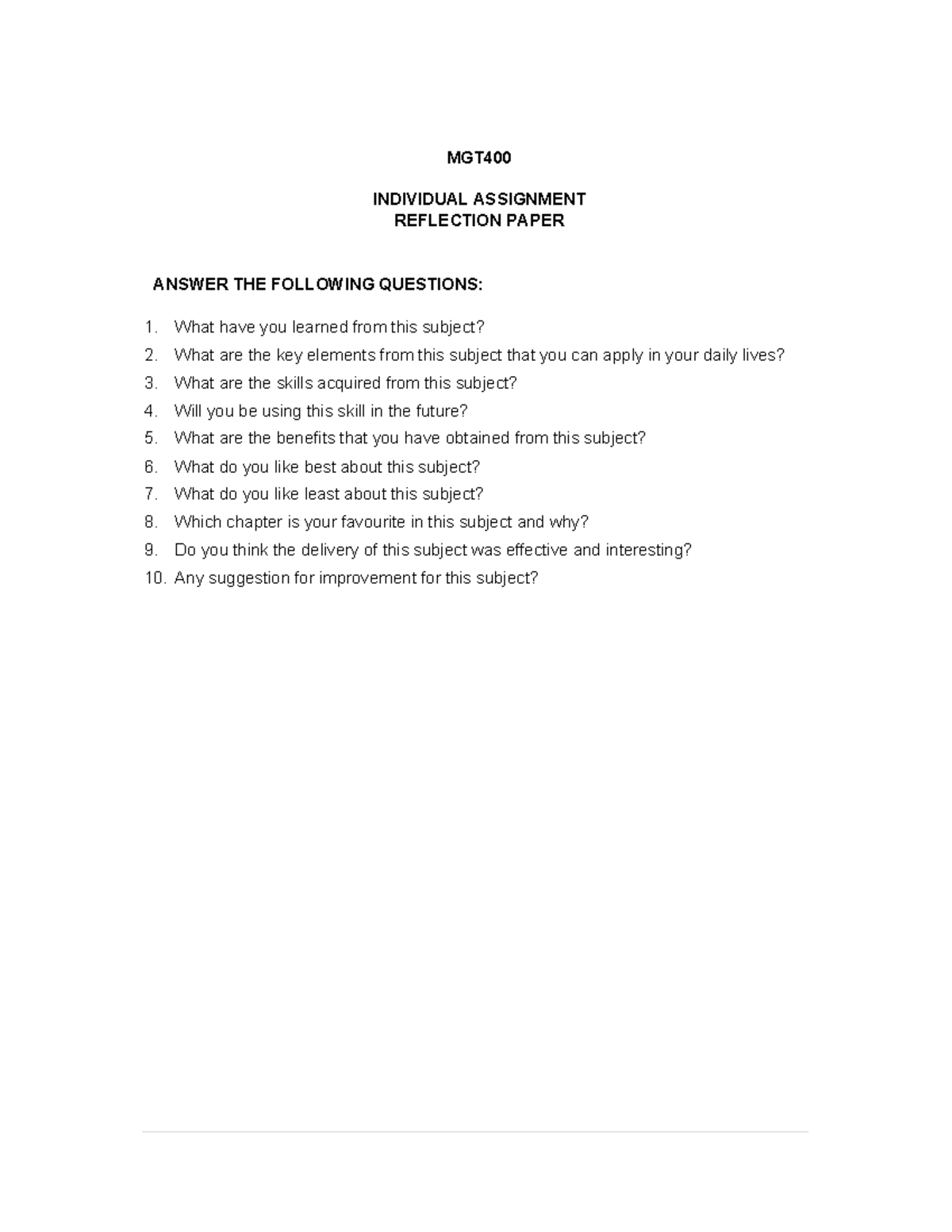 Reflection Questions - INDIVIDUAL ASSIGNMENT QUESTION - MGT INDIVIDUAL ...