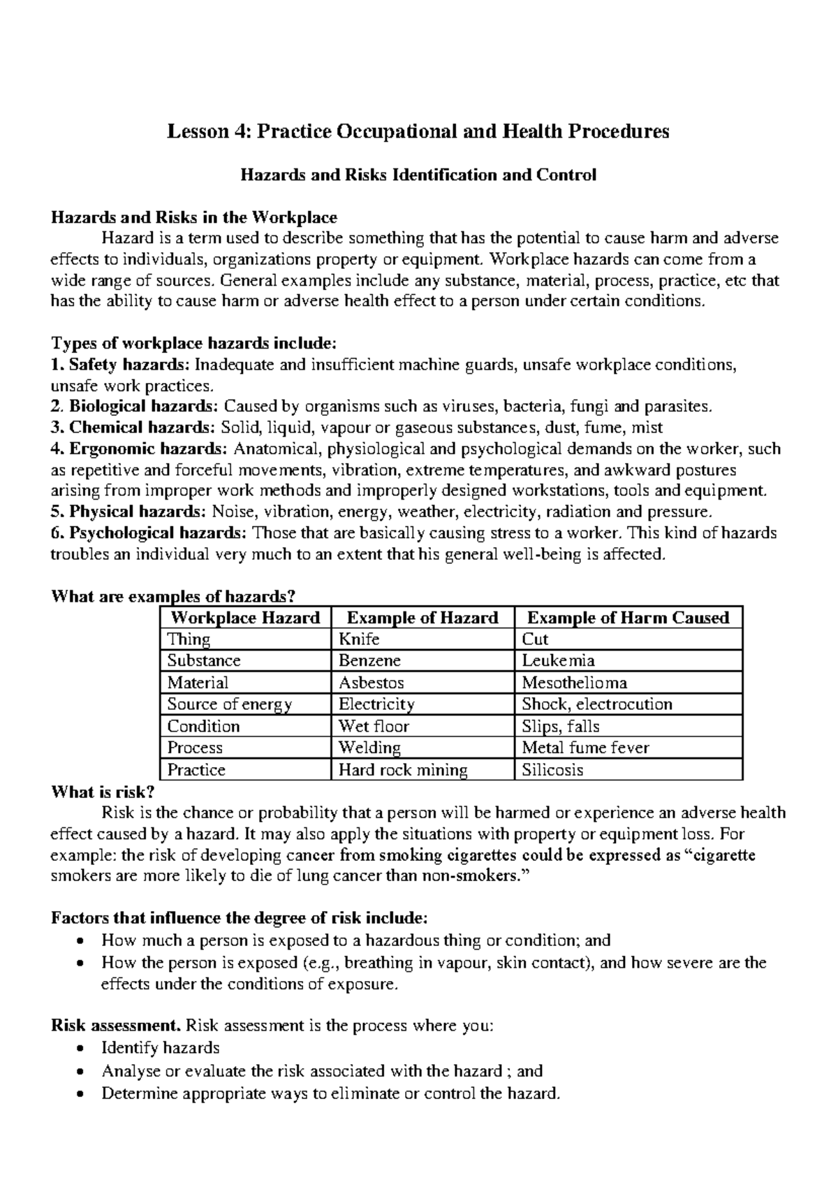 Lesson 4 - Lesson 4: Practice Occupational and Health Procedures ...