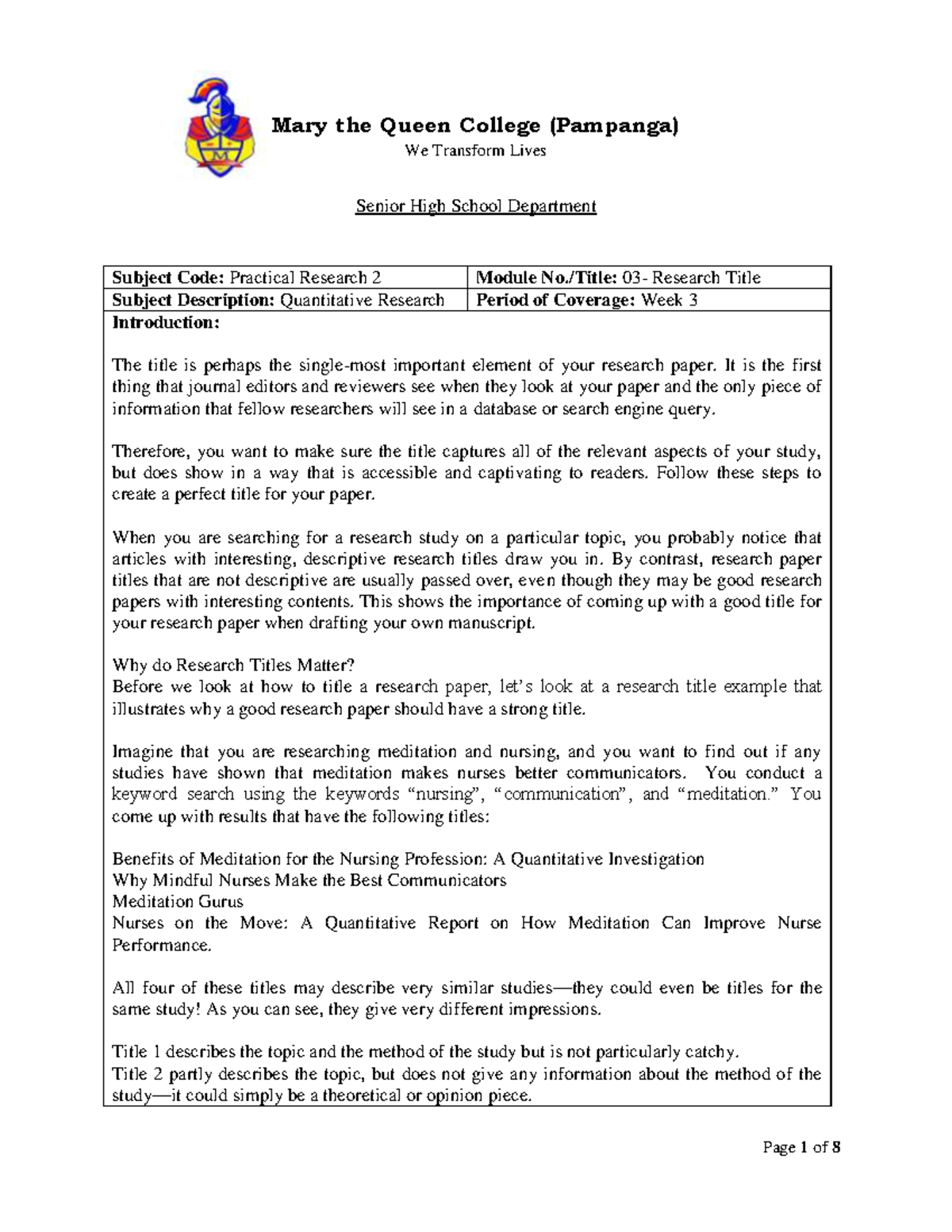 PR2 Module 3 - notes - Mary the Queen College (Pampanga) We Transform ...