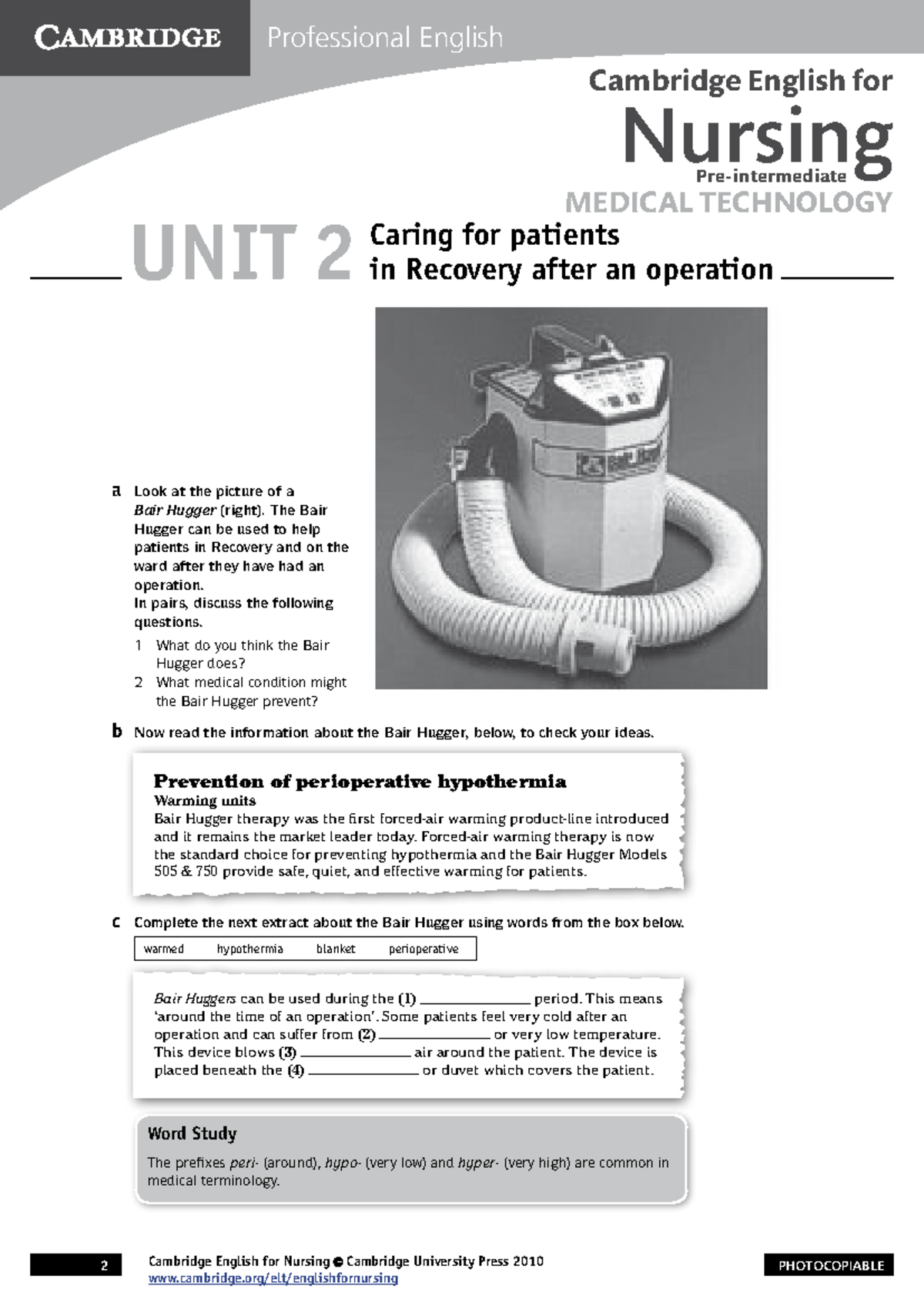 Cambridge english for nursing medical technology pre intermediate unit2 ...