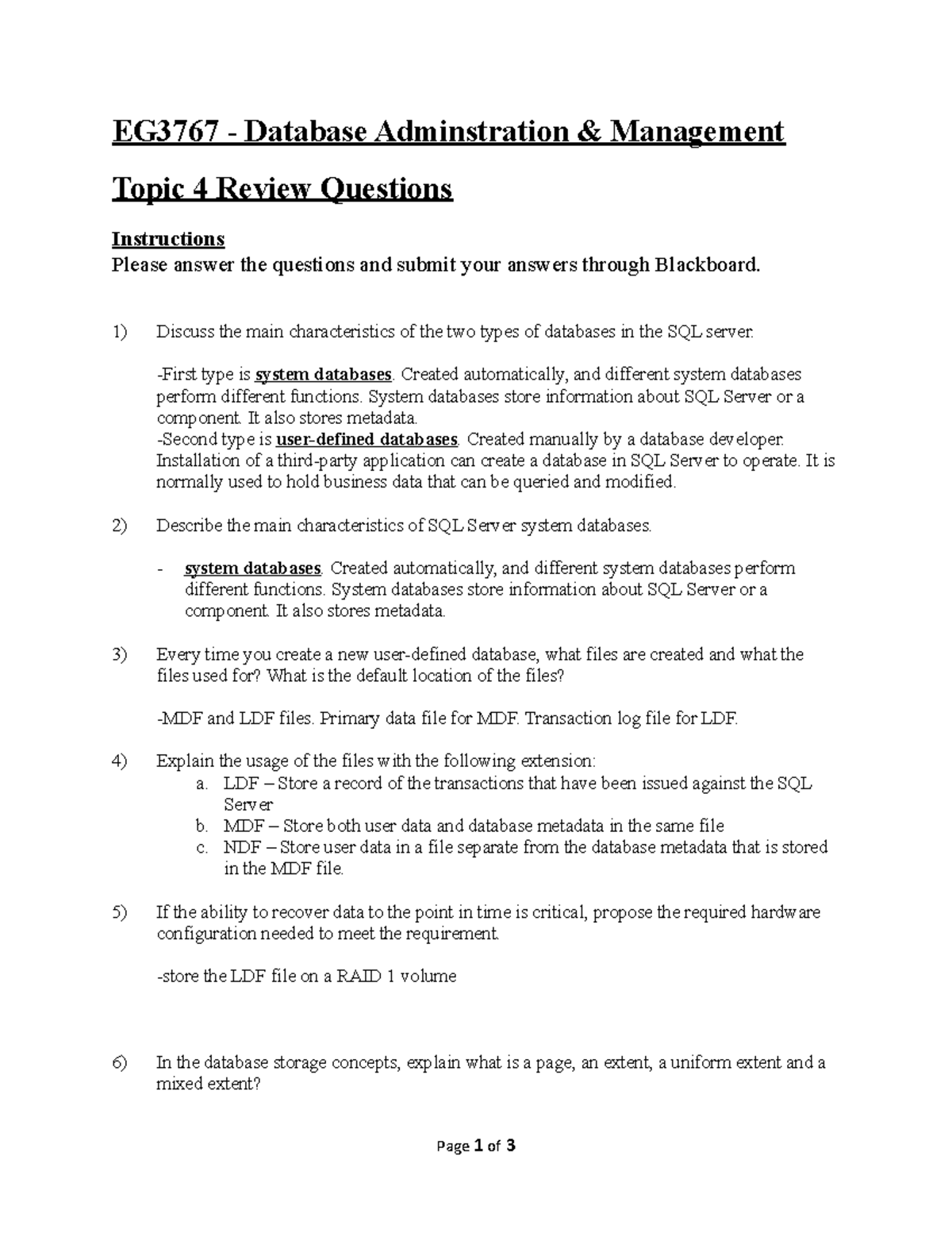 DMIT ITSM DAM Topic 4 review questions - EG3767 - Database ...