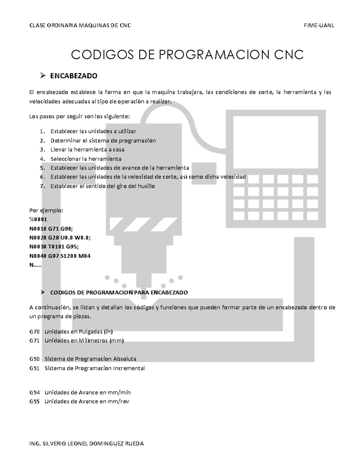 Codigos NC - Maq CNC - CODIGOS DE PROGRAMACION CNC ENCABEZADO El ...