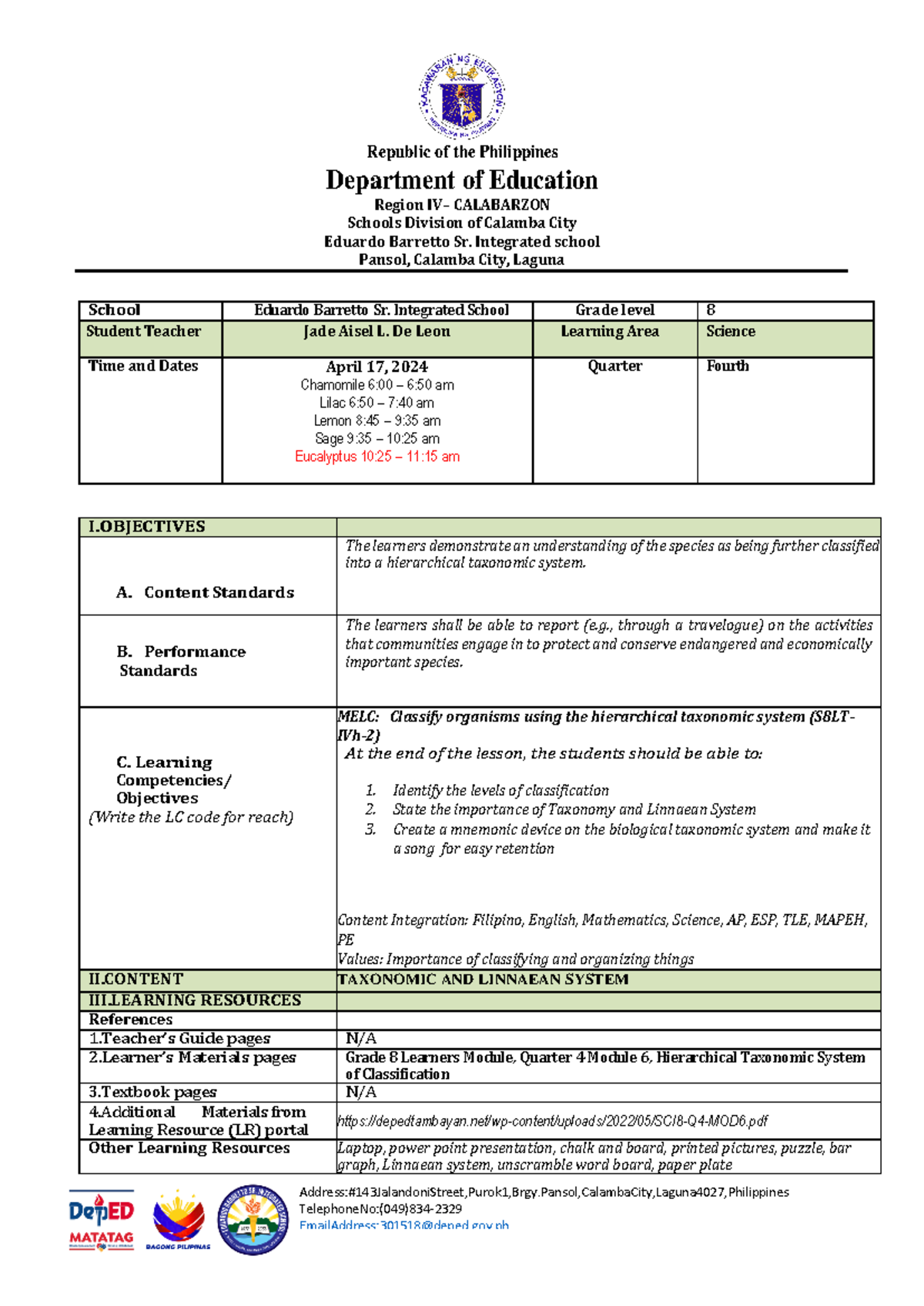 lesson plan about hierarchical taxonomic system - - Studocu