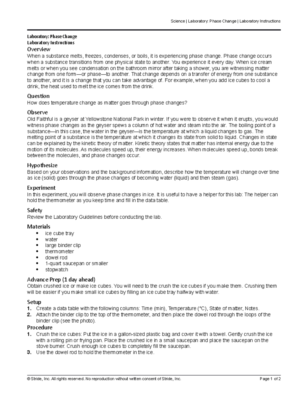 HS PHYS Lab Instructions Phase Change - Science | Laboratory: Phase ...