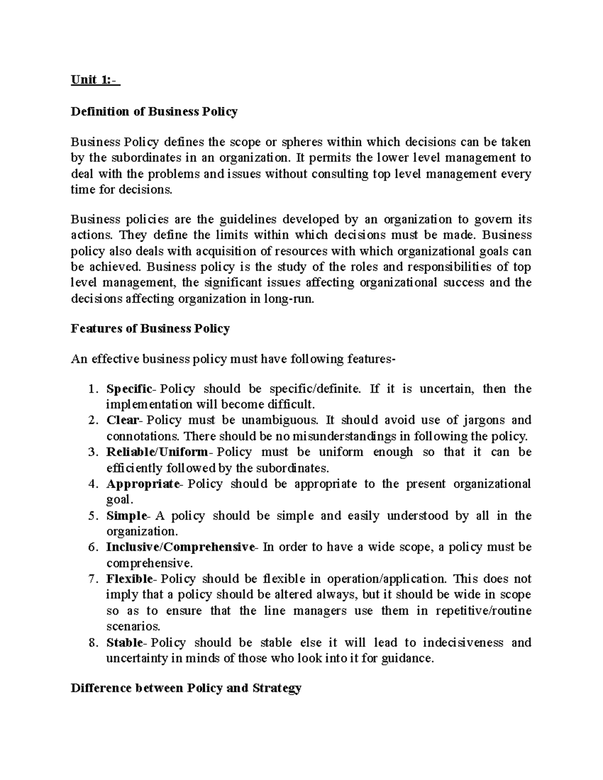 BUSINESS POLICY AND STRATEGY NOTES FOR BBA 308 - Unit 1:- Definition of ...