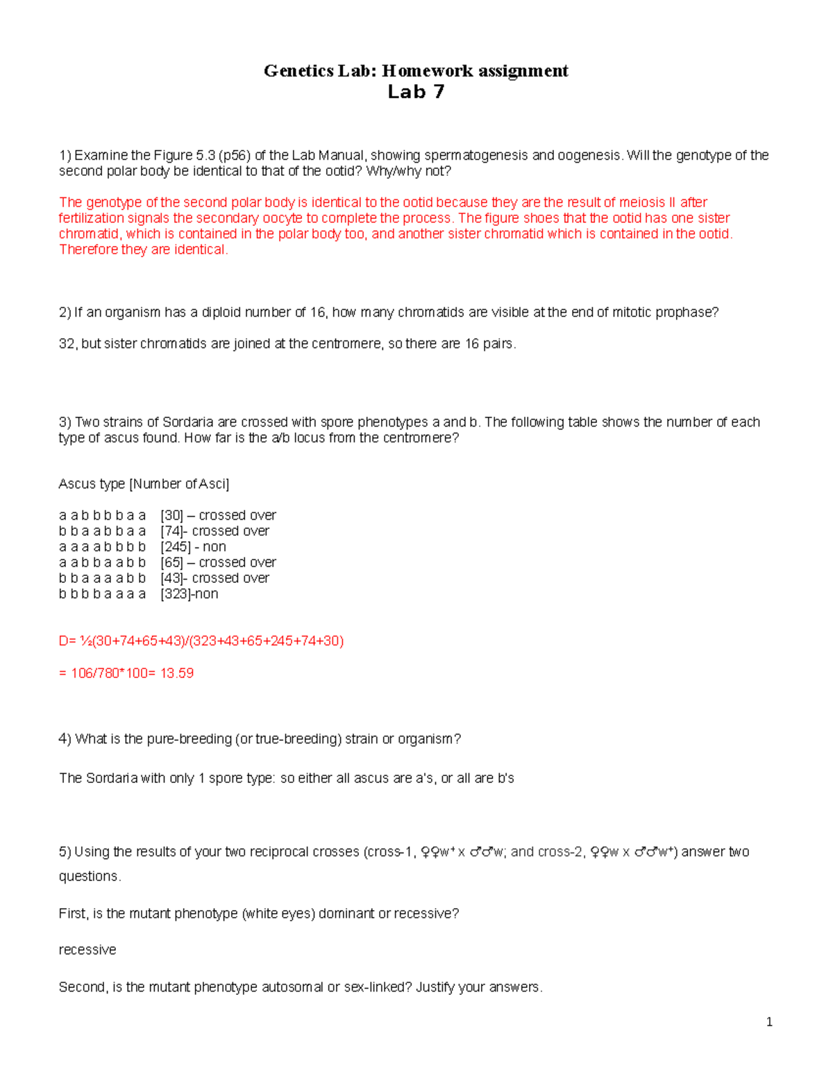 Genetics lab 7 homework - Genetics Lab: Homework assignment Lab 7 ...
