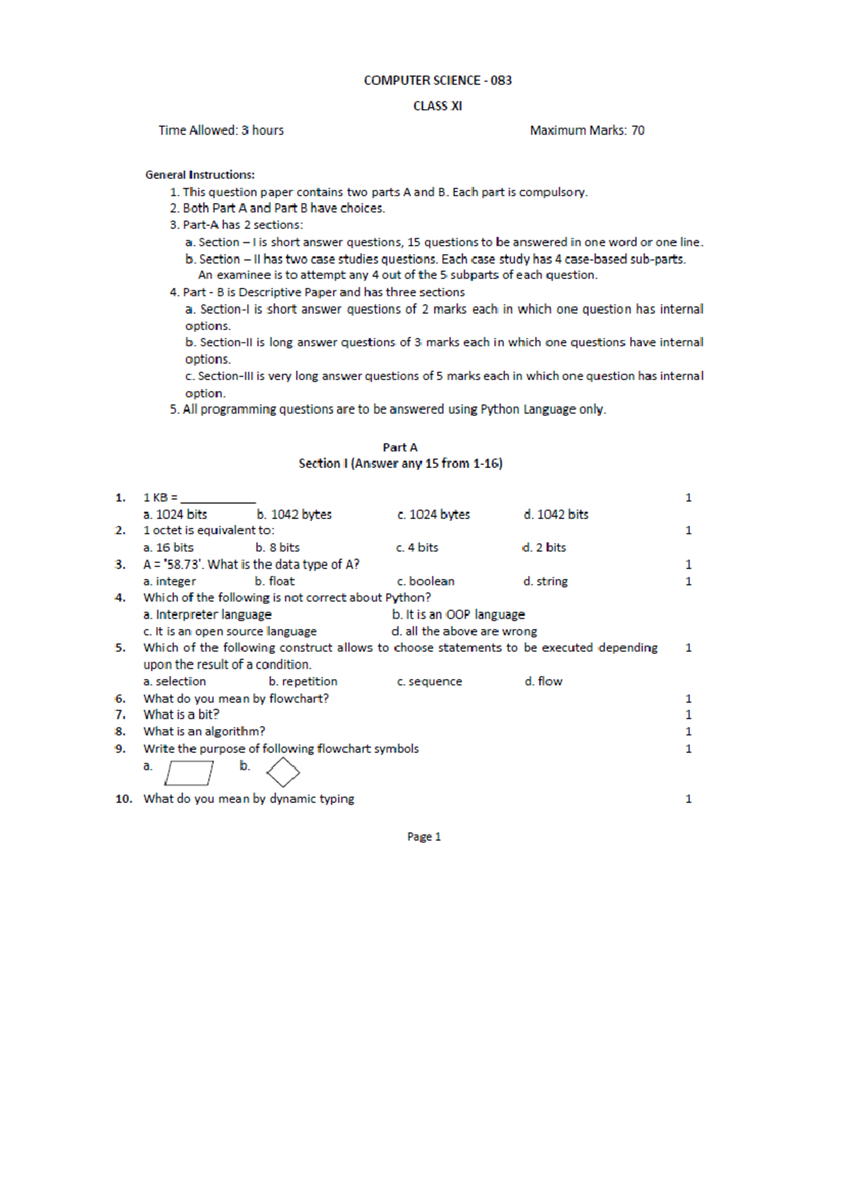 11 QP - easy to revise - COMPUTER SCIENCE 083 CLASS XI Time Allowed: 3 hours Maximum Marks: 70 ...
