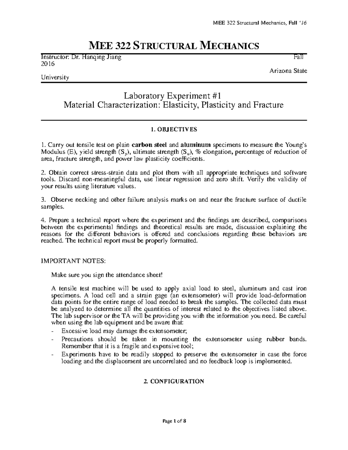 Lab 1 - Material characterization - MEE 322 STRUCTURAL MECHANICS ...