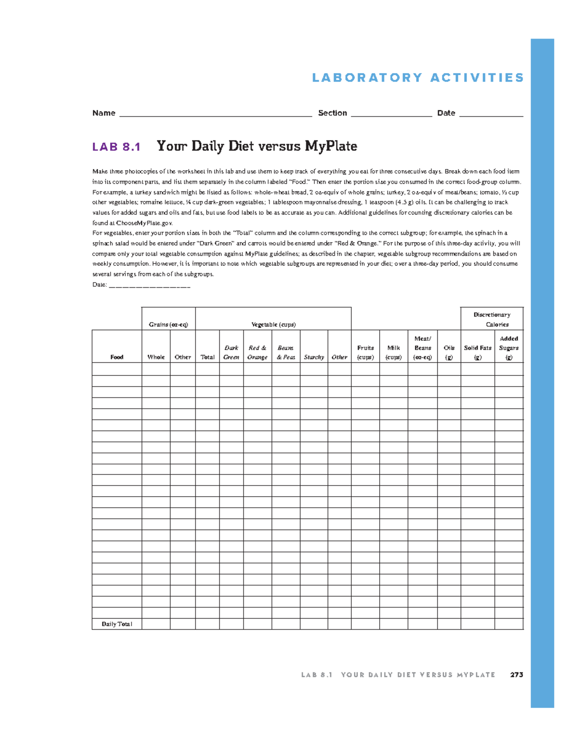 Lab8 - fill in this chart - L A B 8. 1 Y o u R D A i L Y D i E T V E R ...