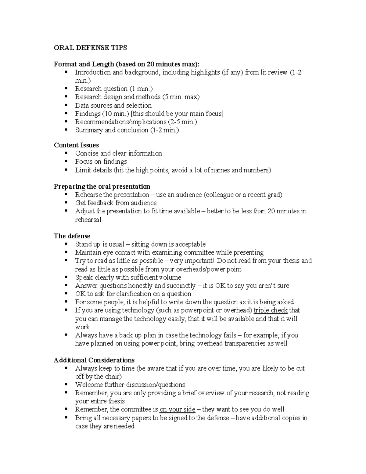 Oral Defense Tips - ORAL DEFENSE TIPS Format and Length (based on 20 ...