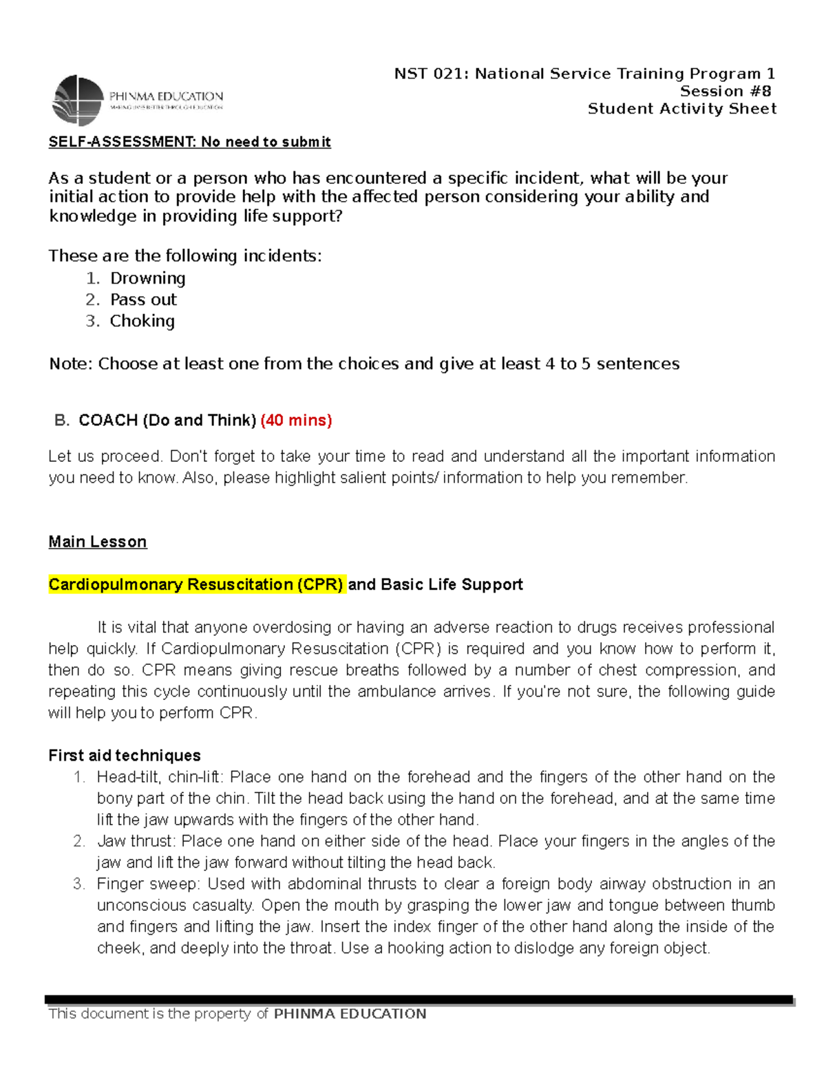 NST-021 Basic-LIFE- Saving-2-SAS - Session Student Activity Sheet SELF-ASSESSMENT: No need to ...