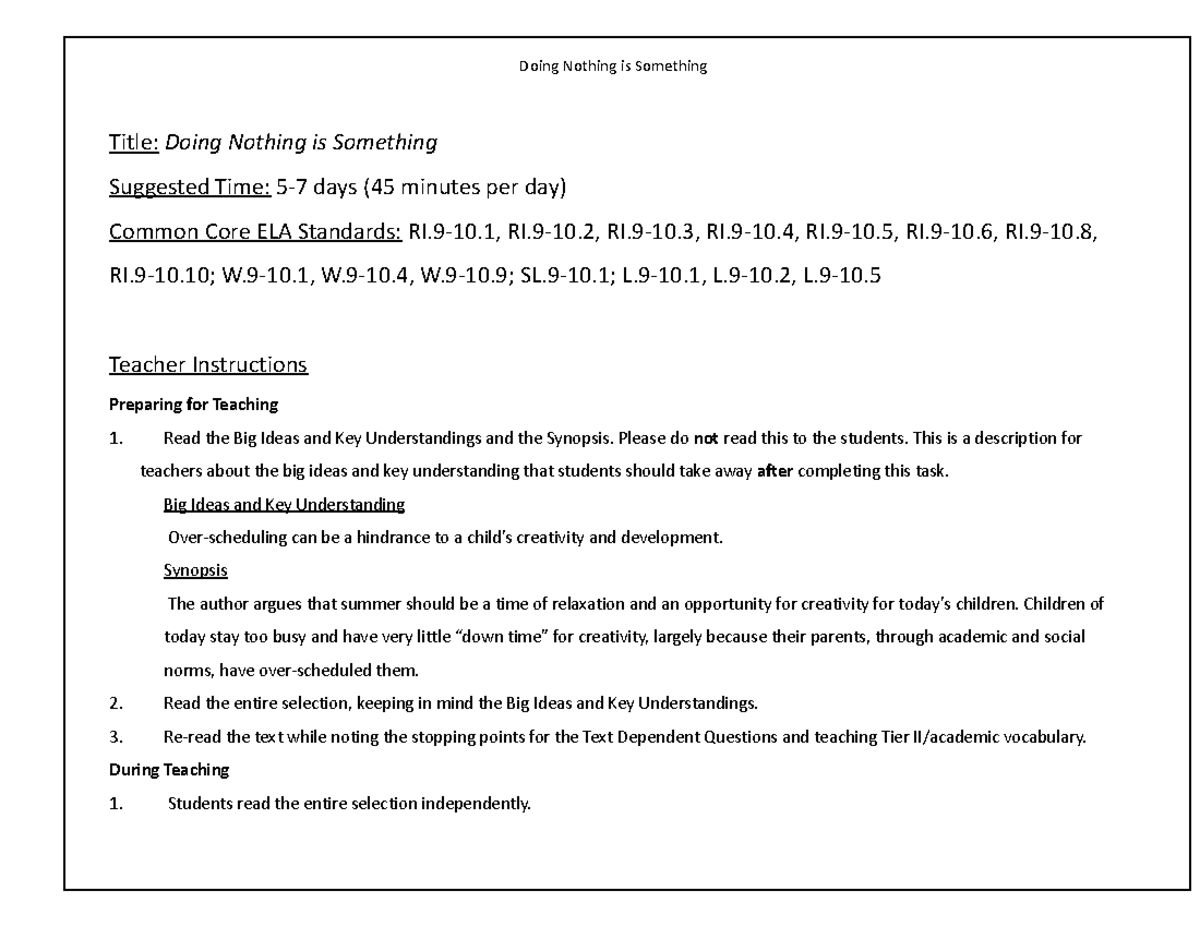 10. Doing Nothing is Something. lesson - Story - Doing Nothing is Something Title: Doing Nothing ...