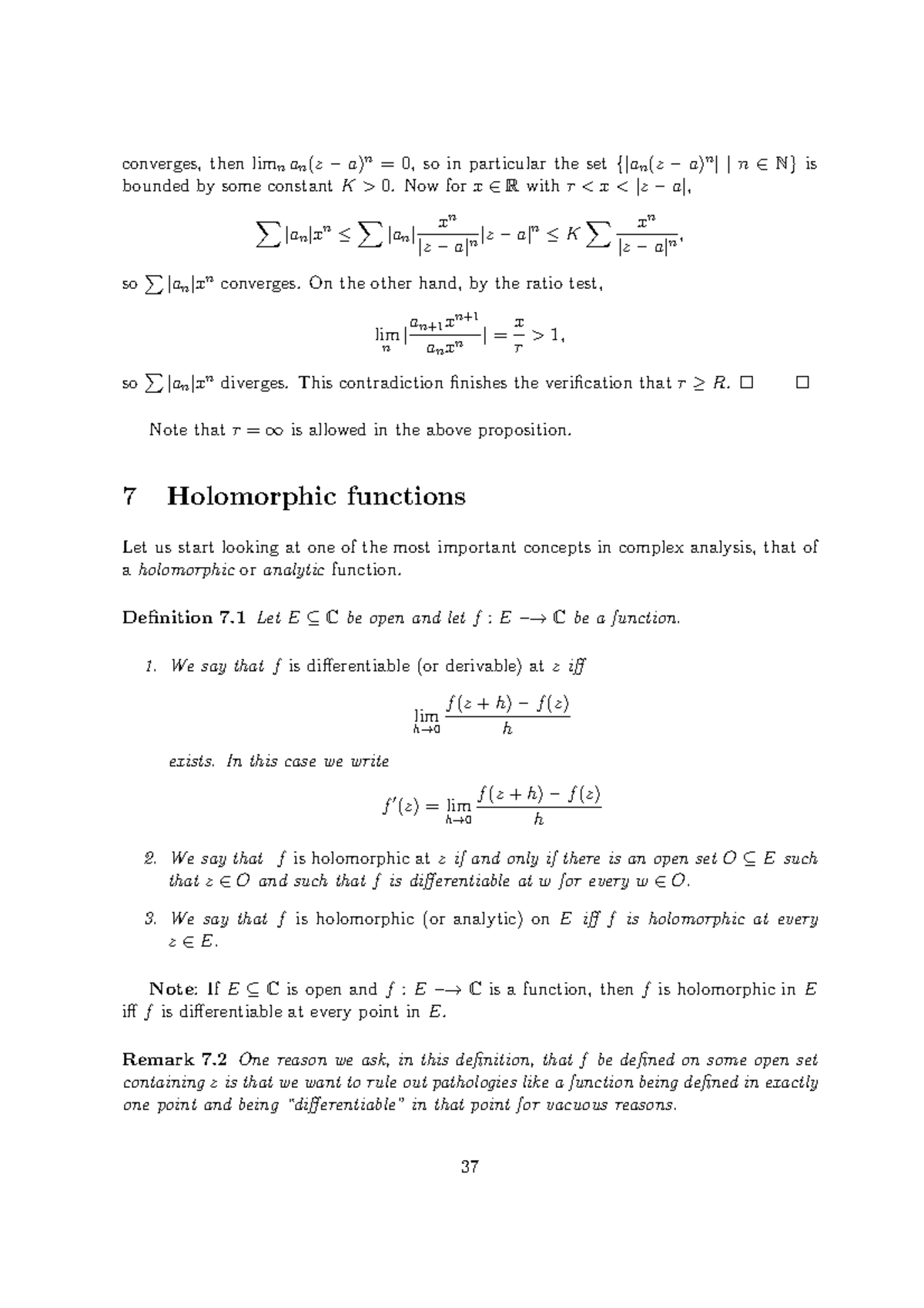 Chapter 07 Holomorphic functions - converges, then limn an (z a)n = 0 ...