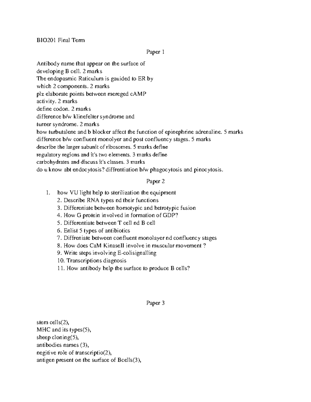 BIO201 Final Term past Papers - BIO201 Final Term Paper 1 Antibody name ...