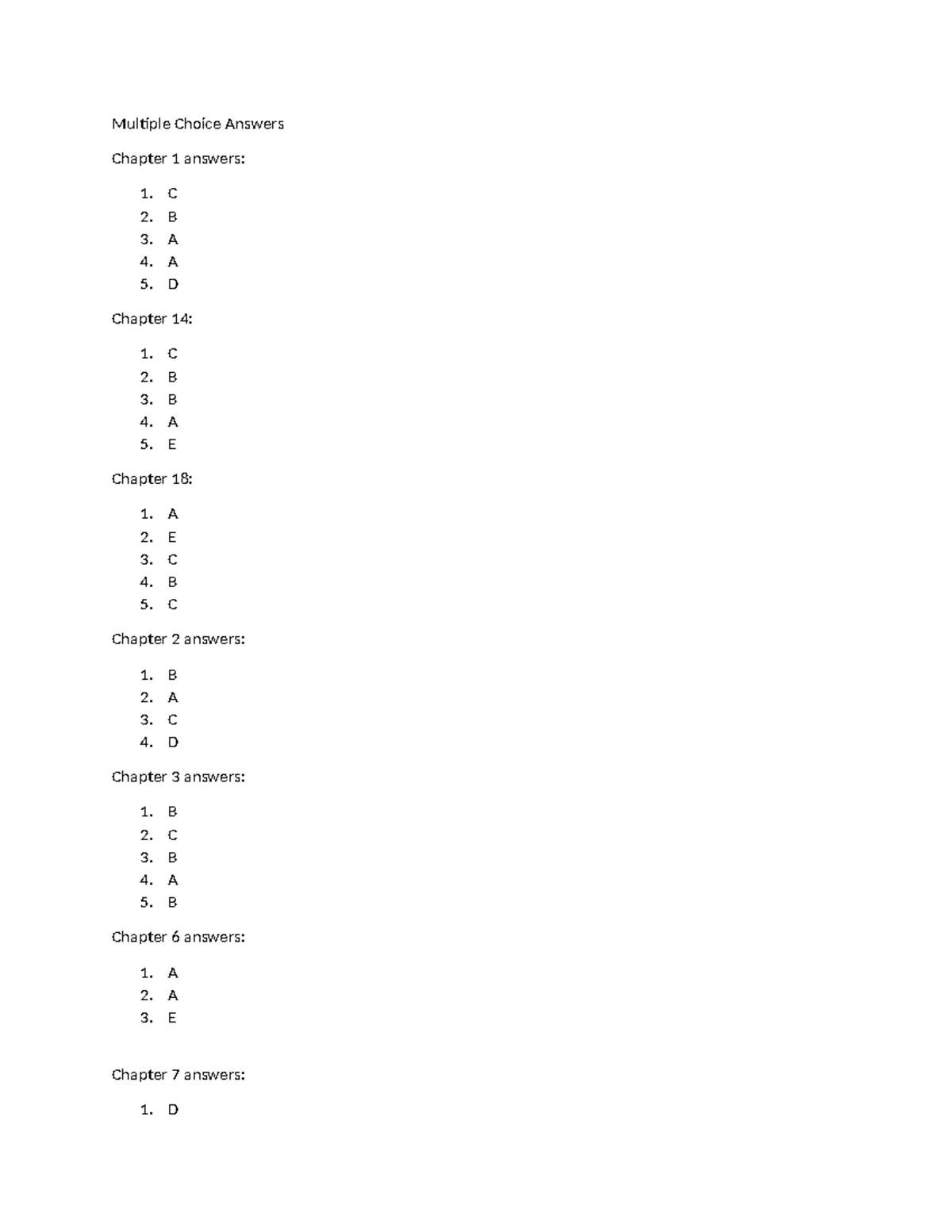 Multiple Choice Answers Multiple Choice Answers Chapter 1 Answers 1 C 2 B 3 A 4 A 5 D 