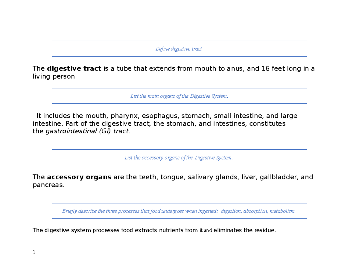 Define digestive system - Define digestive tract The digestive tract is ...