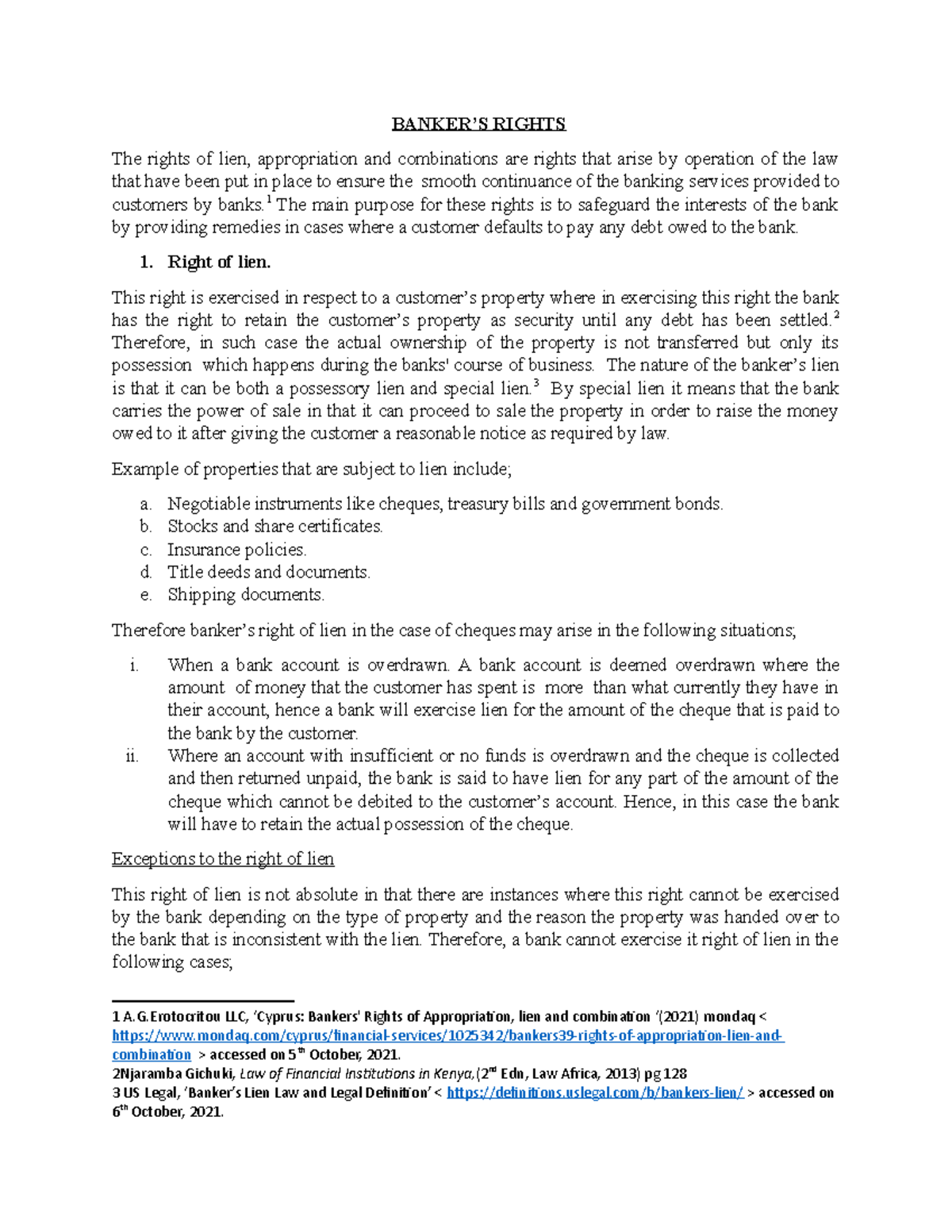 Banking Group 3 - BANKER’S RIGHTS The rights of lien, appropriation and ...