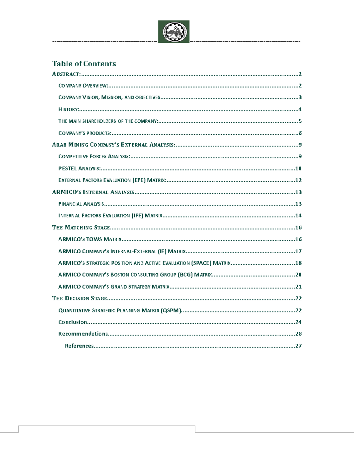 Armico - strategic management - Table of Contents - Studocu