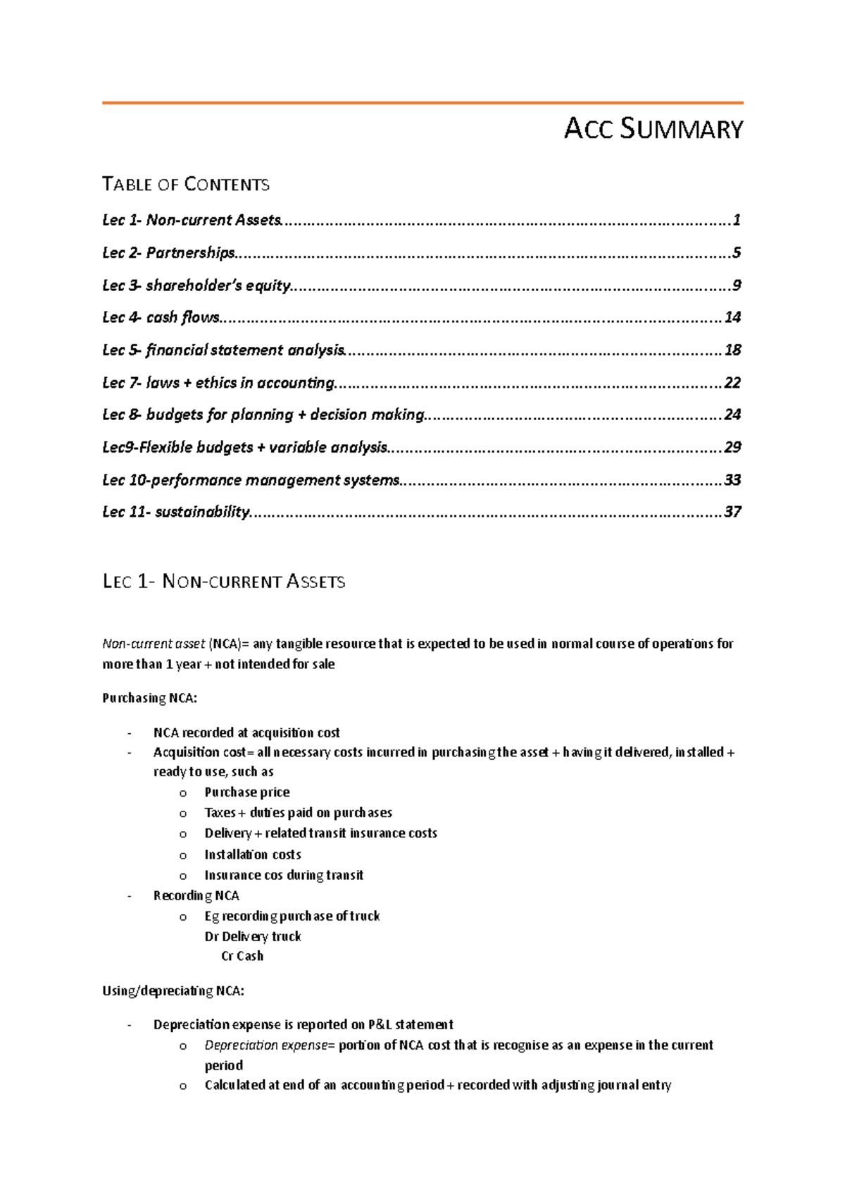 Acc Summary - ACC SUMMARY TABLE OF CONTENTS Lec 1- Non-current - Studocu