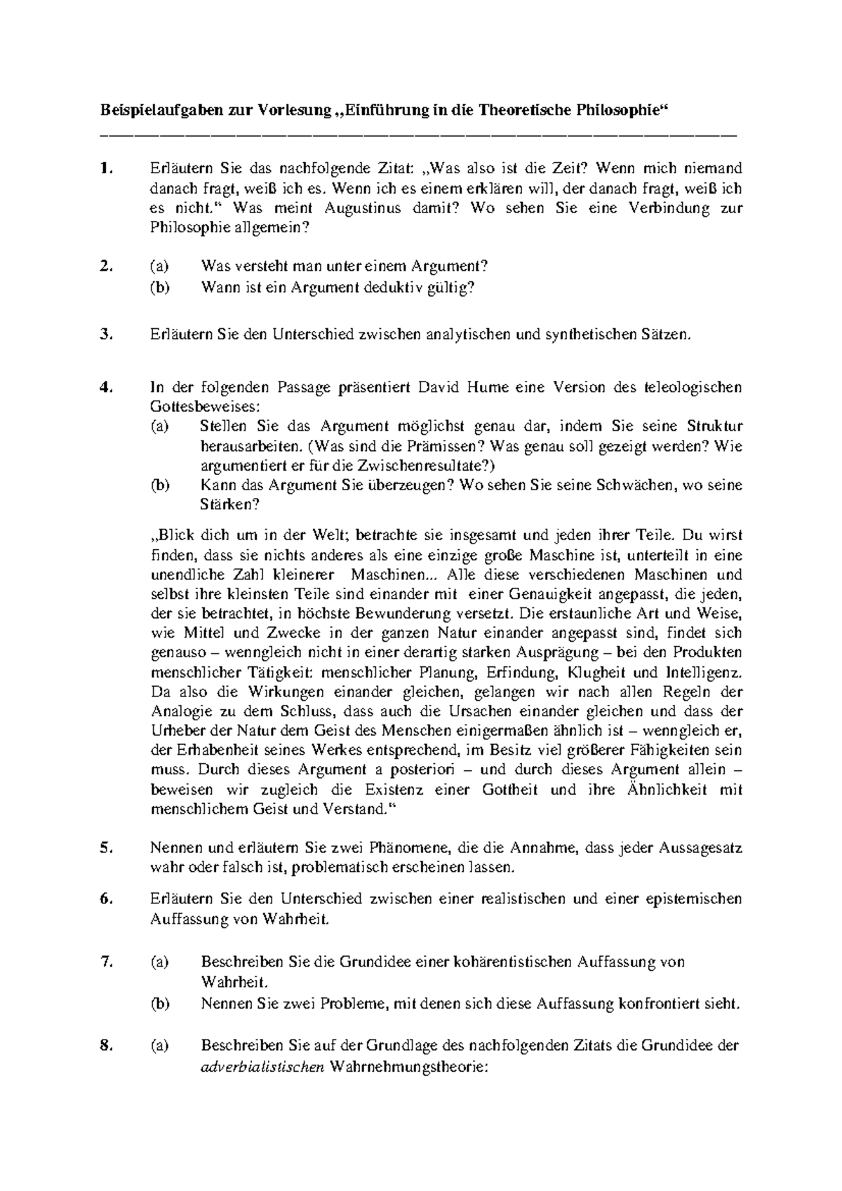 Probeklausur Wintersemester 2015/2016, Fragen - Beispielaufgaben zur Vorlesung „Einführung in ...