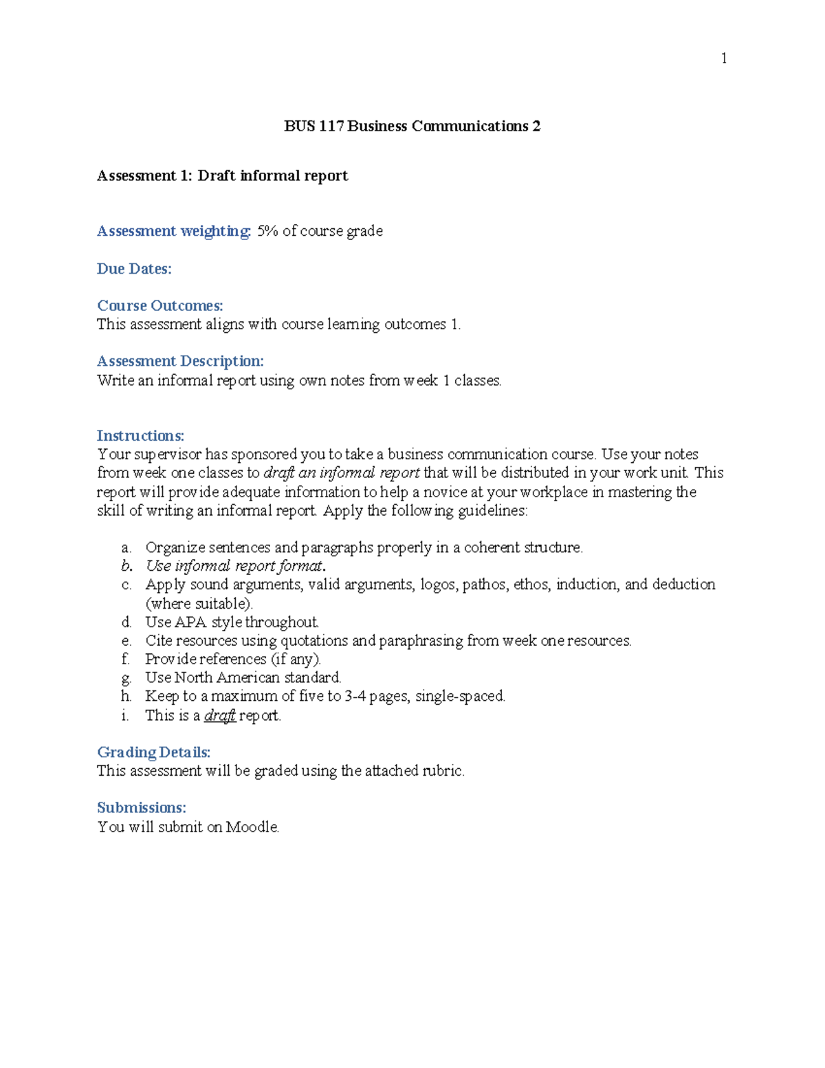 Assessment 1 Informal report - 1 BUS 117 Business Communications 2 ...