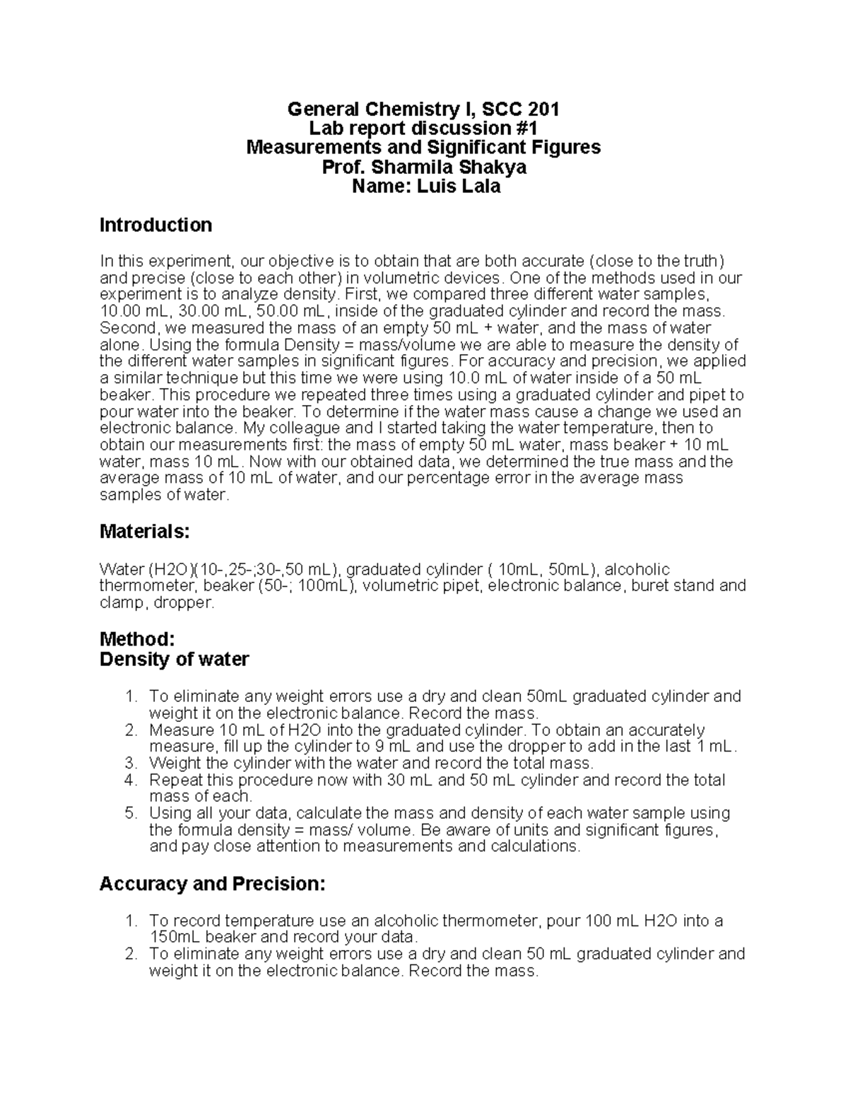 Chemistry Lab report #2 - General Chemistry I, SCC 201 Lab report ...