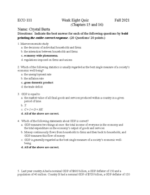 ECO 111 Week 10 Quiz - Crystal Berta - ECO 111 - Owens - Studocu