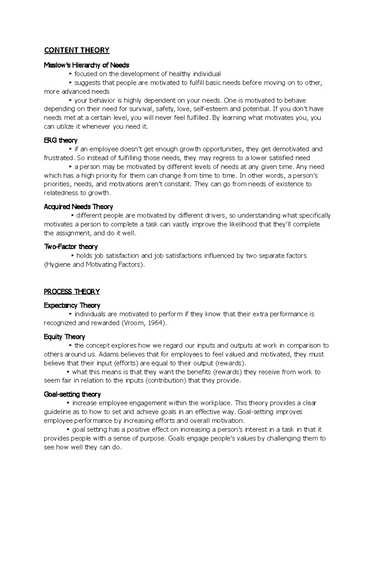 HBO Theories - assignment - CONTENT THEORY Maslow’s Hierarchy of Needs ‣ focused on the ...