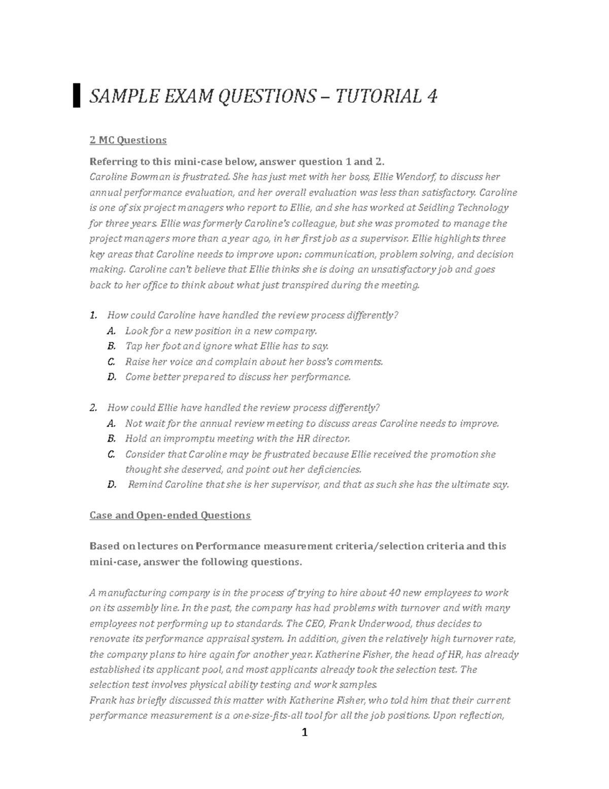 Exam questions tutorial 4 HRM - SAMPLE EXAM QUESTIONS – TUTORIAL 4 2 MC ...