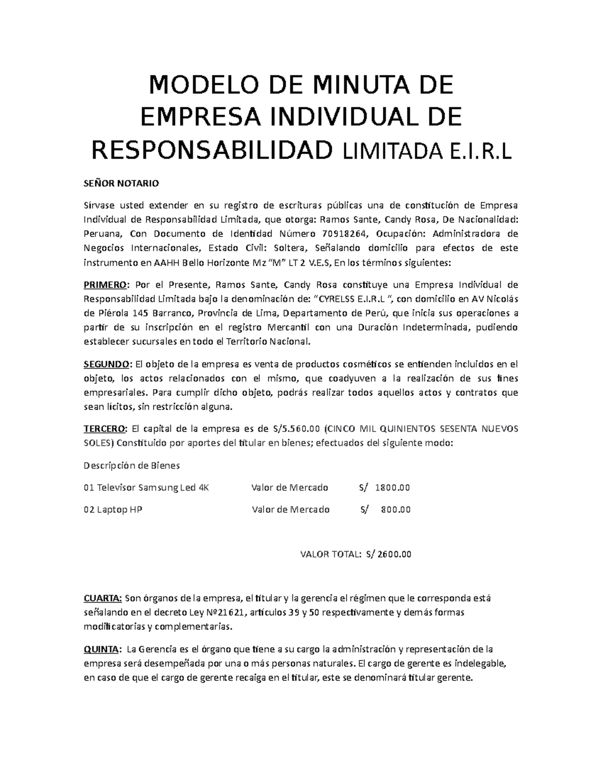 Minuta DE Empresa Individual DE Responsabilidad Limitada E.docx . 16 - MODELO DE MINUTA DE ...