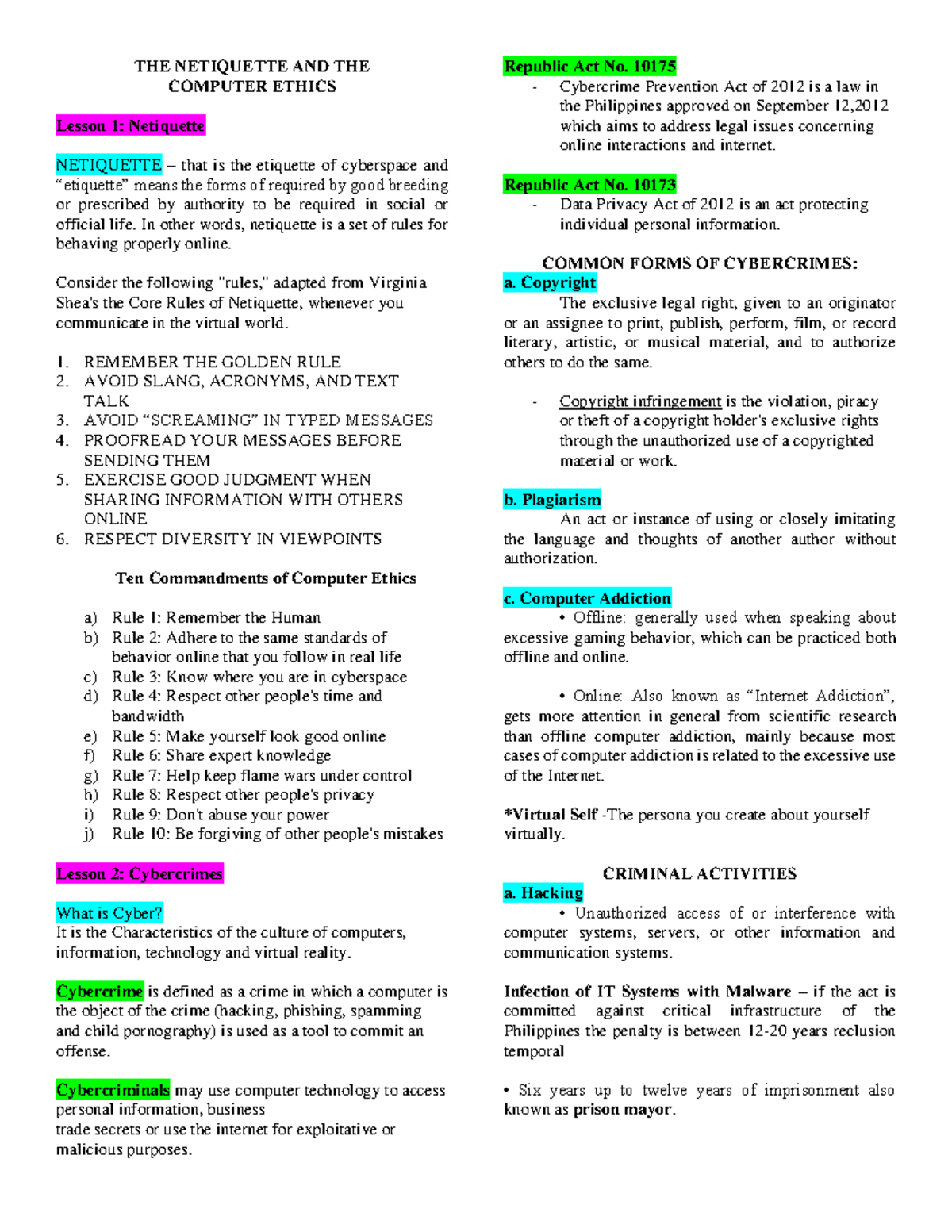 Gen El 002 Rev 3 - Living in the IT Era - THE NETIQUETTE AND THE COMPUTER ETHICS Lesson 1: - Studocu