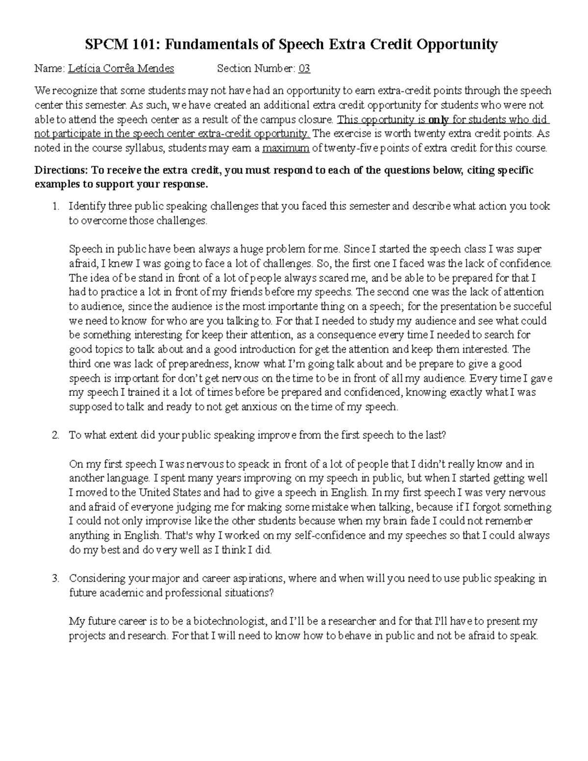 SPCM 101 extra credit - SPCM 101: Fundamentals of Speech Extra Credit ...