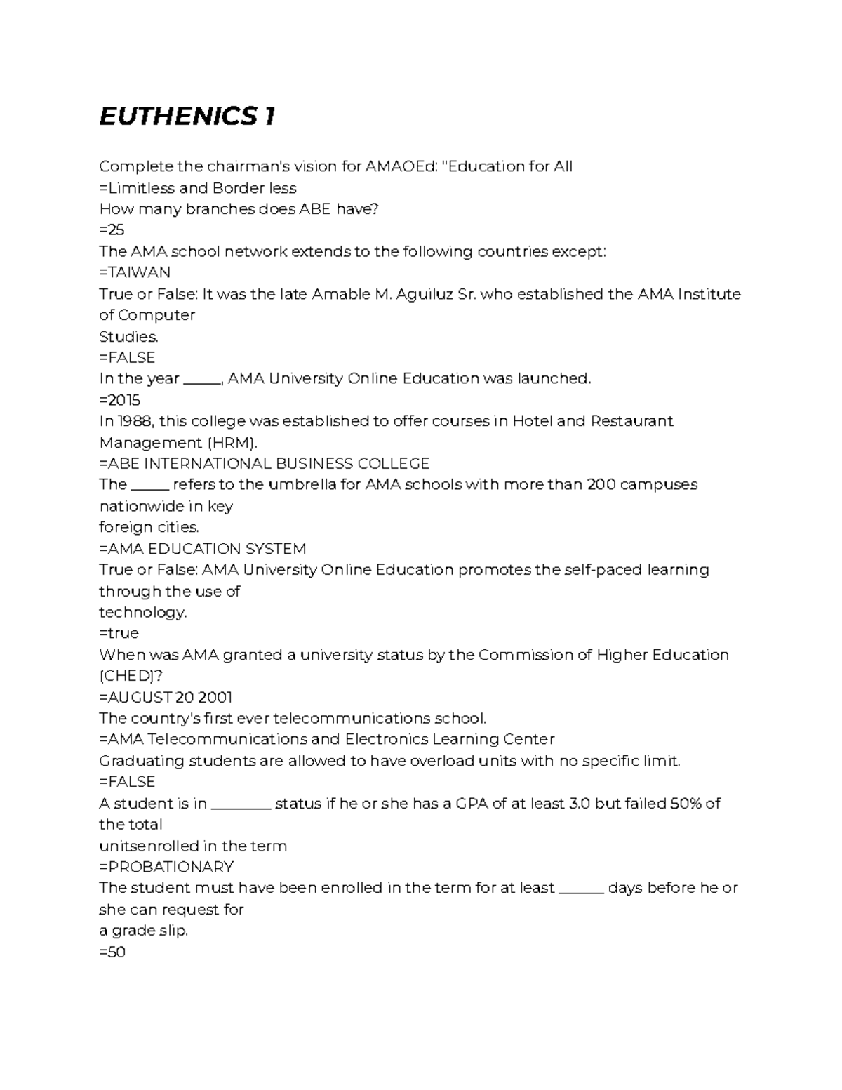 Euthenics 1 - EUTHENICS 1 Complete the chairman's vision for AMAOEd ...