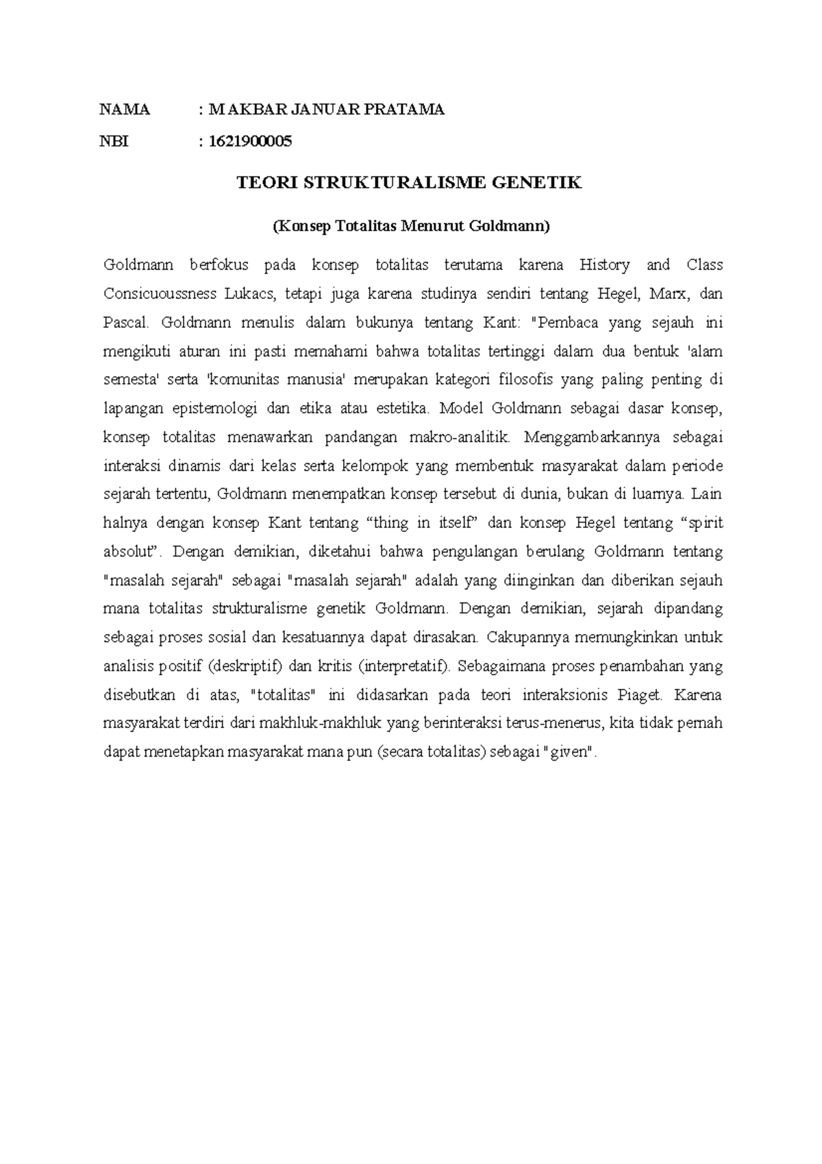 Teori Strukturalisme Genetik (Konsep Totalitas Menurut Goldmann) - NAMA ...