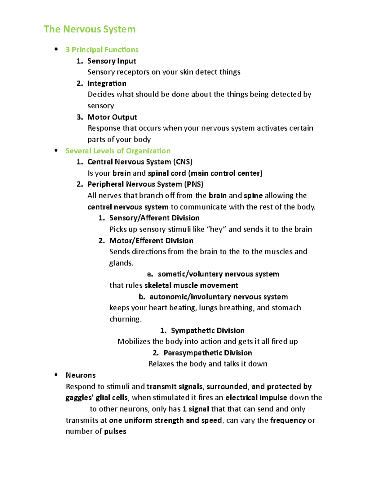 Nervous System - anatomy notes - 3 Principal Functions 1. Sensory Input ...