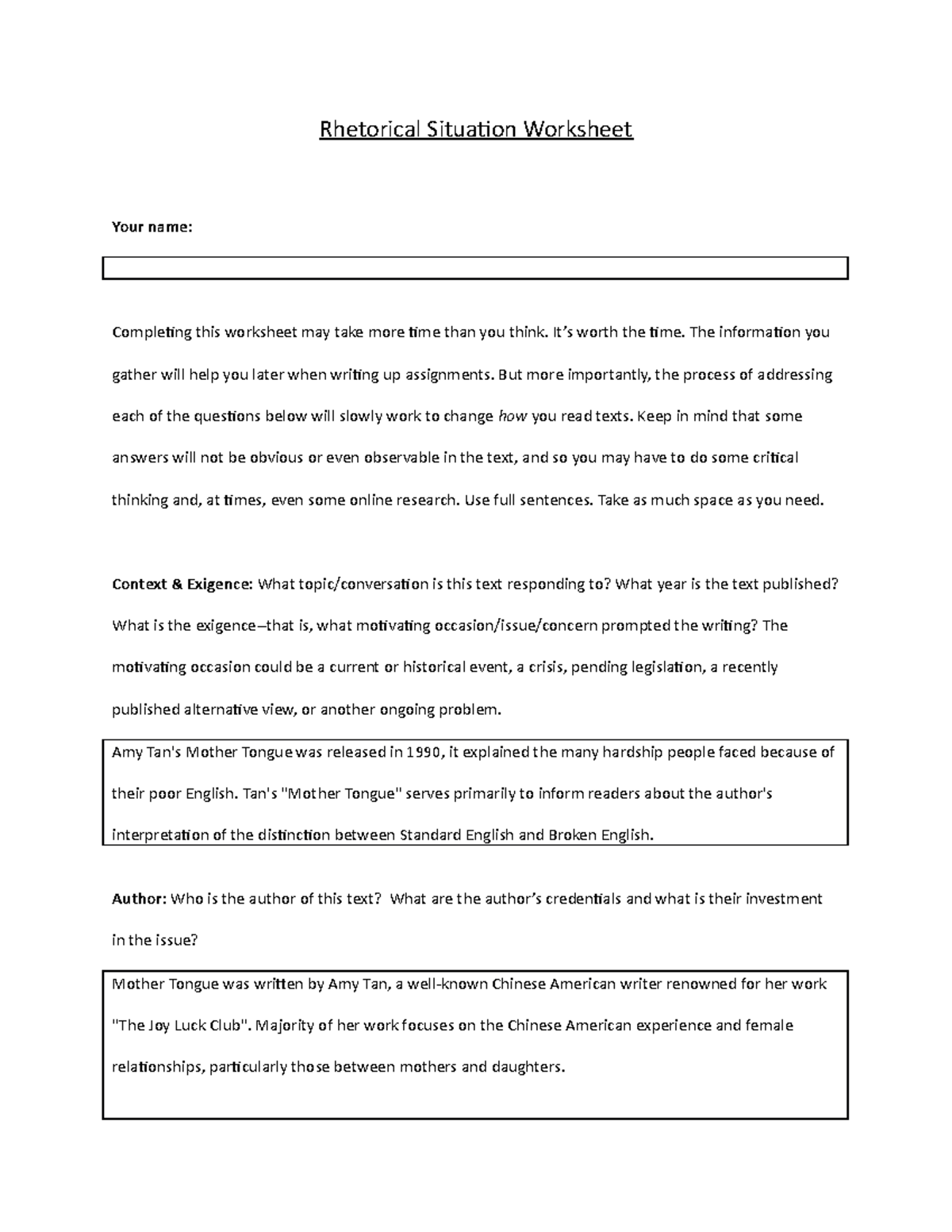 Rhetorical-Situation-Worksheet, Freshman Composition ENGL 11000 B2 ...