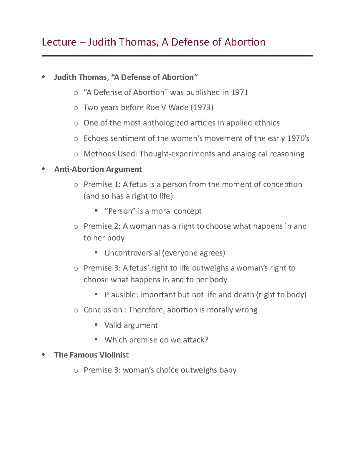 Week 2 - defense of abortion - Lecture Judith Thomas, A Defense of ...