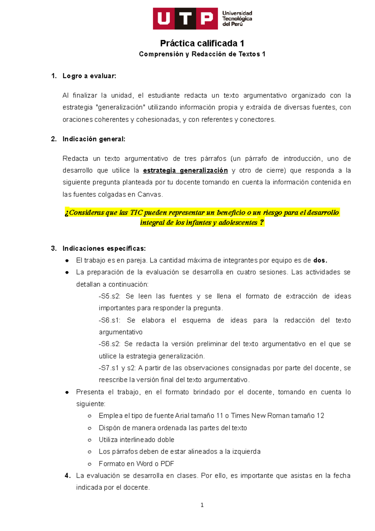 GC N01I PC1Consigna 22C1M - Práctica calificada 1 Comprensión y Redacción de Textos 1 Logro a ...
