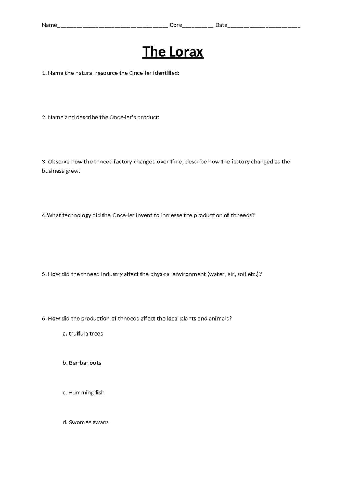 The Lorax Worksheet - Lesson Four - Name ...