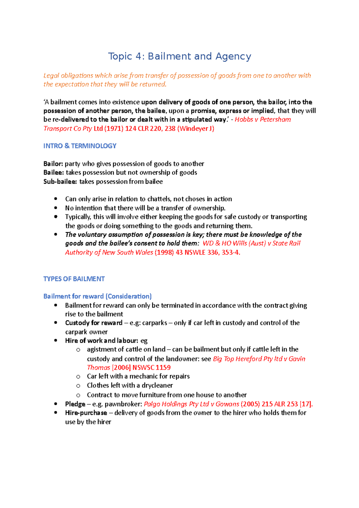 Bailment and Agency- topic 4 - Topic 4: Bailment and Agency Legal ...