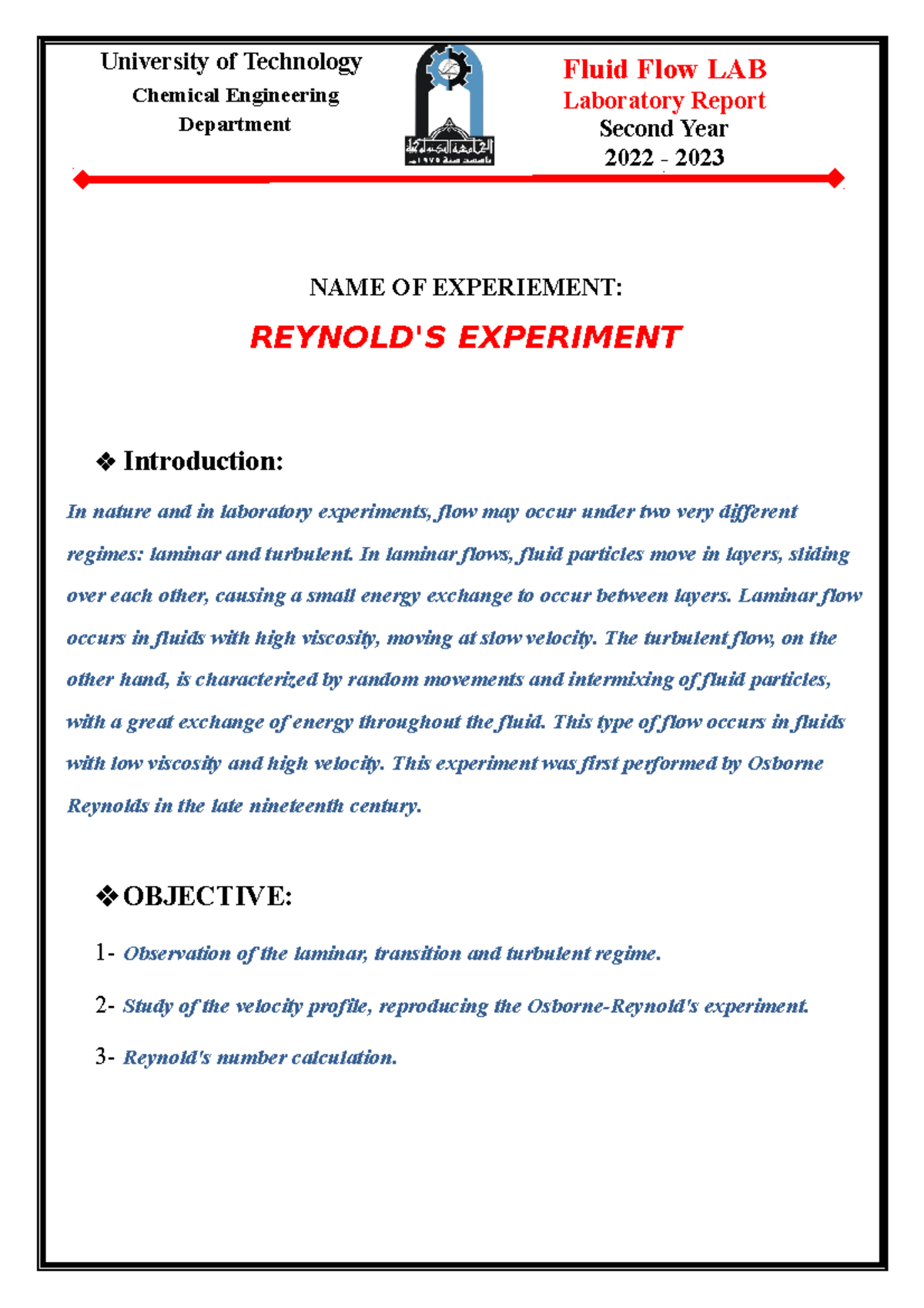 Reynold's Experiement - University of Technology Chemical Engineering ...