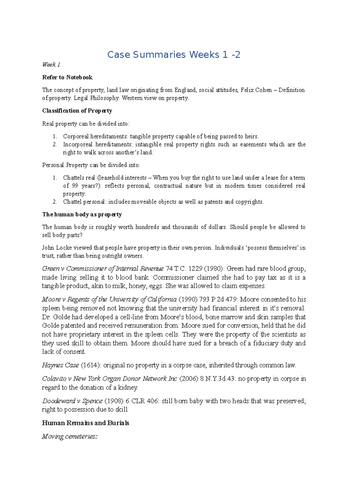 Case Summaries Weeks 1 and 2 - Case Summaries Weeks 1 - Week 1 Refer to ...