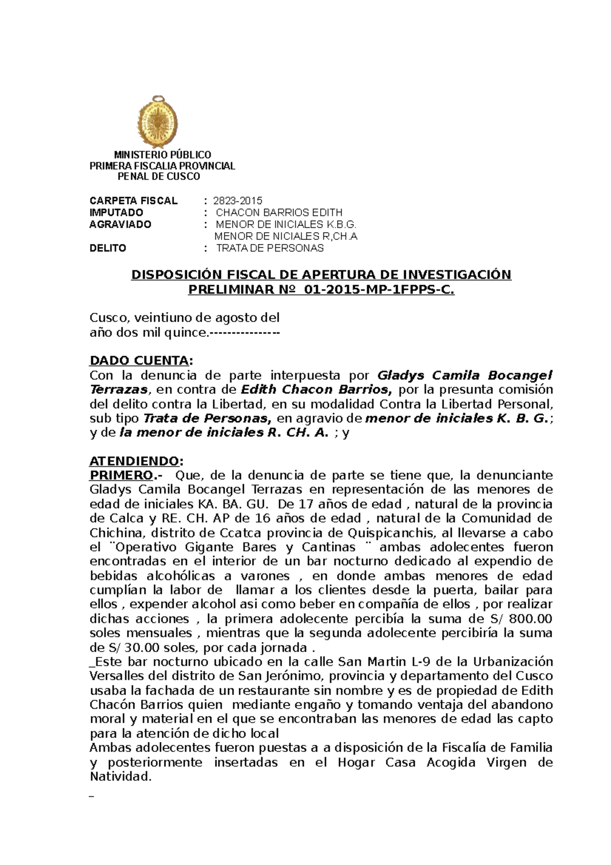 Disposicion Fiscal Investigacion Preliminar- DPP - MINISTERIO PÚBLICO ...