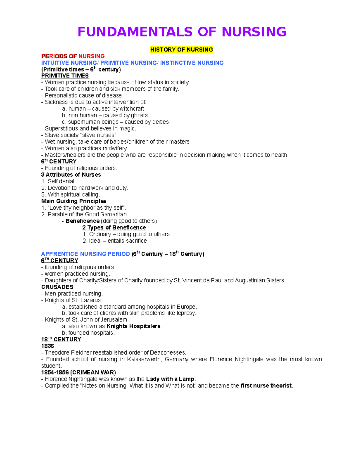 Fundamentals-of-nursing - FUNDAMENTALS OF NURSING HISTORY OF NURSING ...