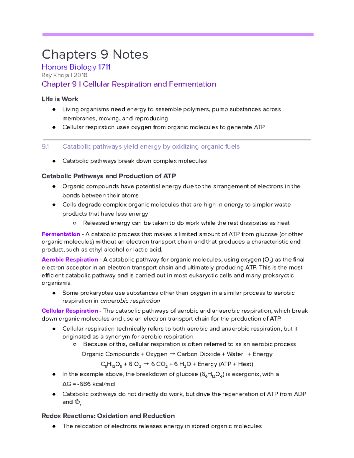 Chapter 9 - Cellular Respiration and Fermentation - Chapters 9 Notes ...