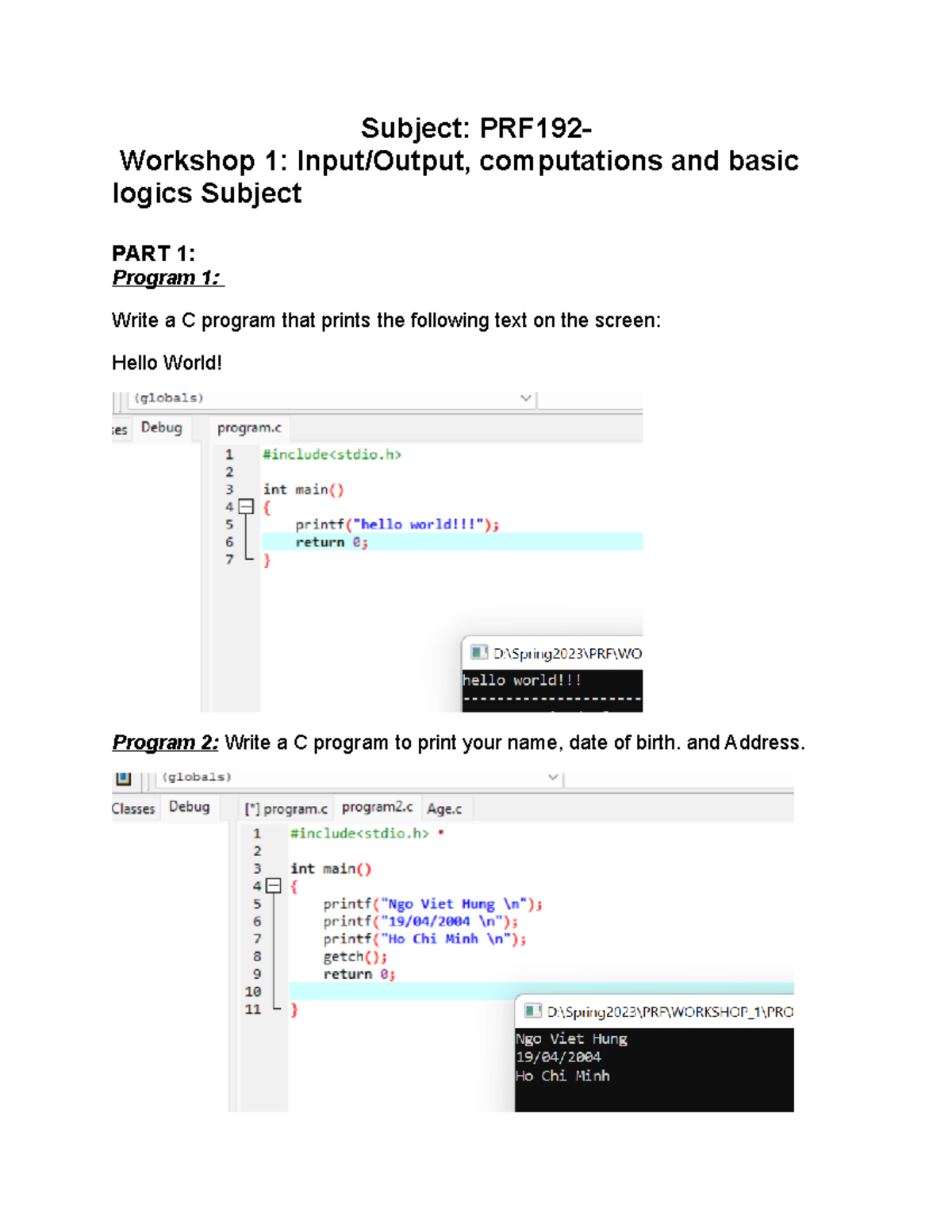 Workshop 01 - Full answer - Subject: PRF192- Workshop 1: Input/Output ...