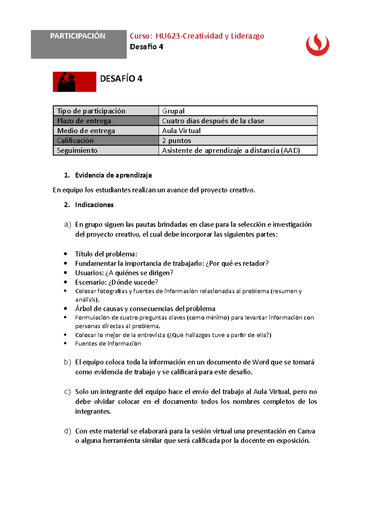 Desafío 4 - Desafio 4 - PARTICIPACIÓN Curso: HU623-Creatividad y ...