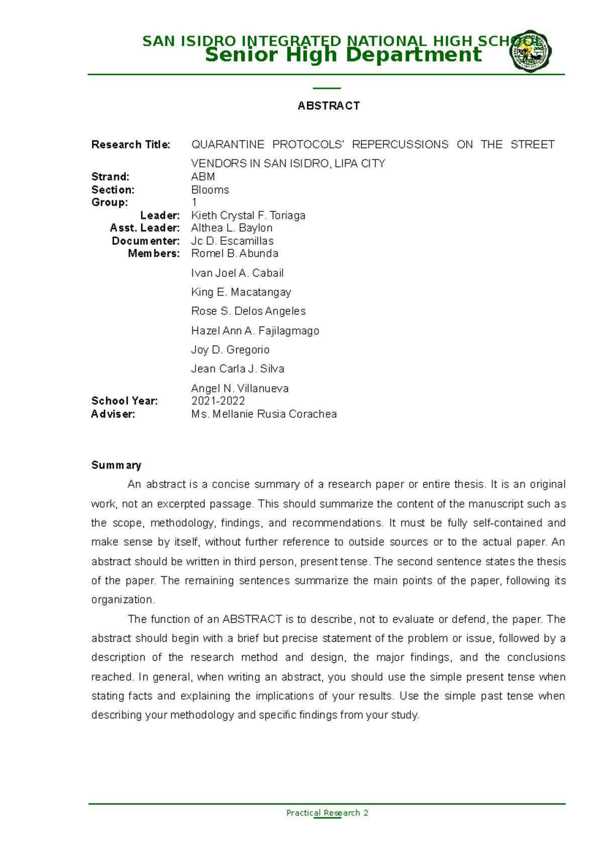 PR2 Abstract - naddds - ABSTRACT Research Title: QUARANTINE PROTOCOLS ...