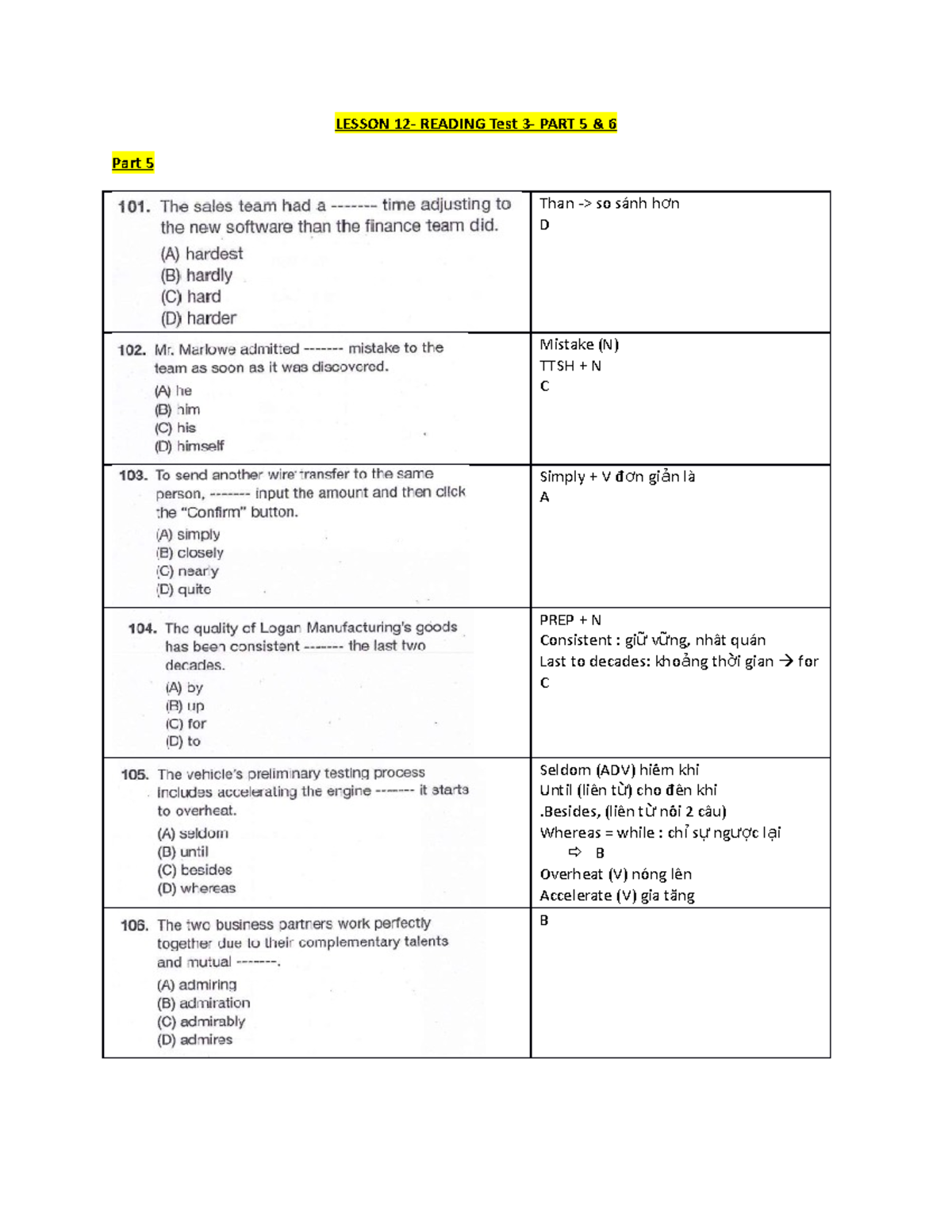 Lesson 12 Reading TEST 3 PART 5 AND 6 - LESSON 12- READING Test 3- PART ...